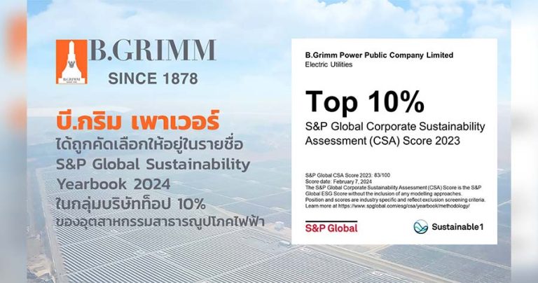 BGRIM คว้ารางวัลองค์กรยั่งยืน “S&P Global” ท็อป 10% ต่อเนื่องปีที่ 2