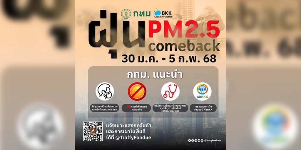 “กทม.” เตือนฝุ่น PM2.5 พุ่ง 7 วันติด แนะสวมหน้ากากอนามัย